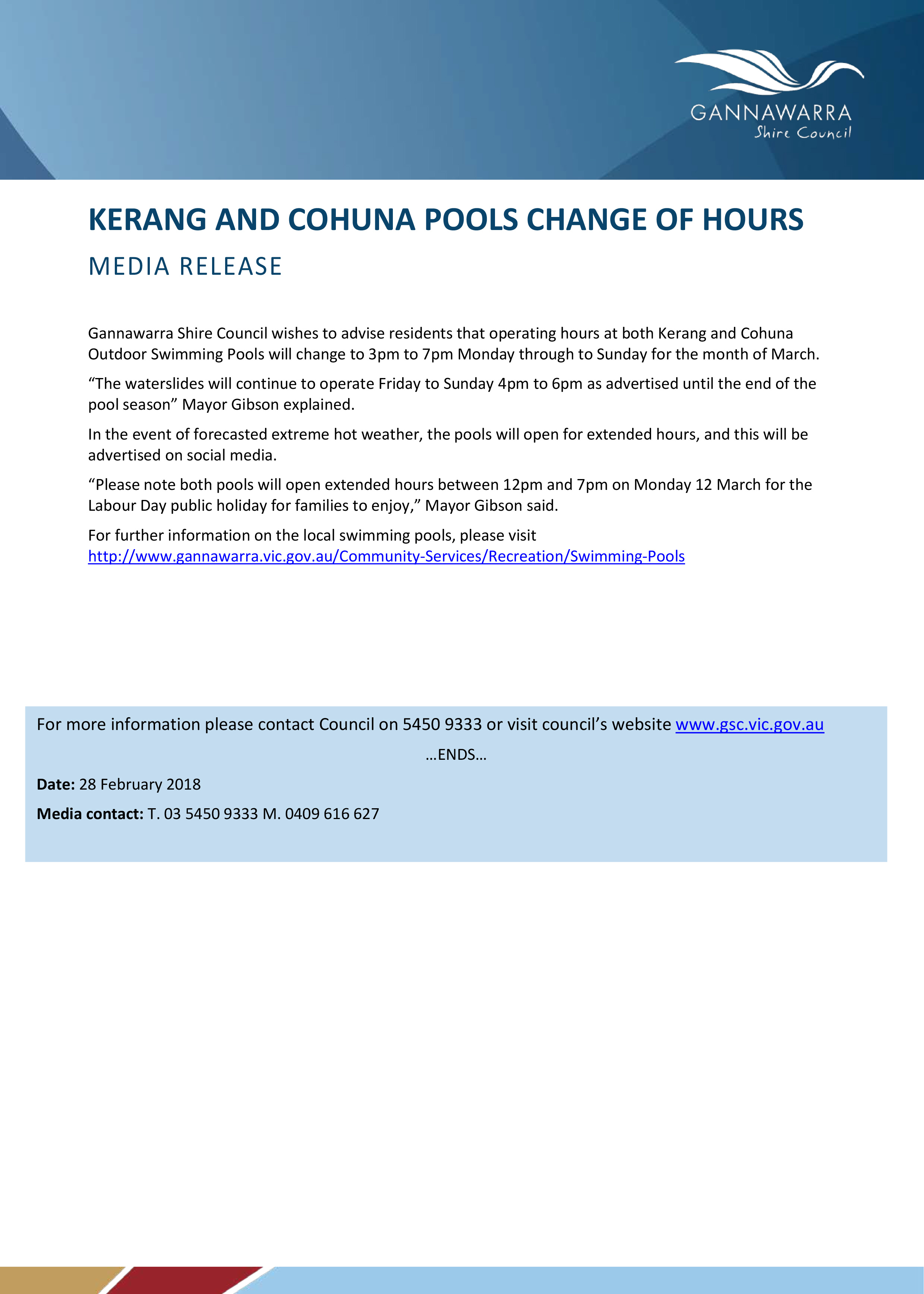 Kerang and Cohuna Pools change of hours - Gannawarra Shire Council